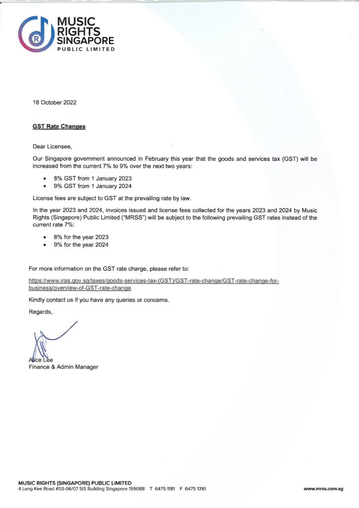 MRSS | Music Rights Singapore | GST Rate Changes For 2023 & 2024